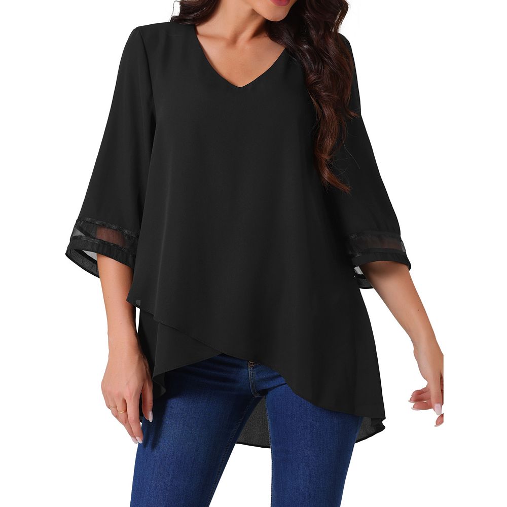 Women's V Neck 3/4 Bell Sleeve Mesh Panel Blouse Tops Asymmetrical ...