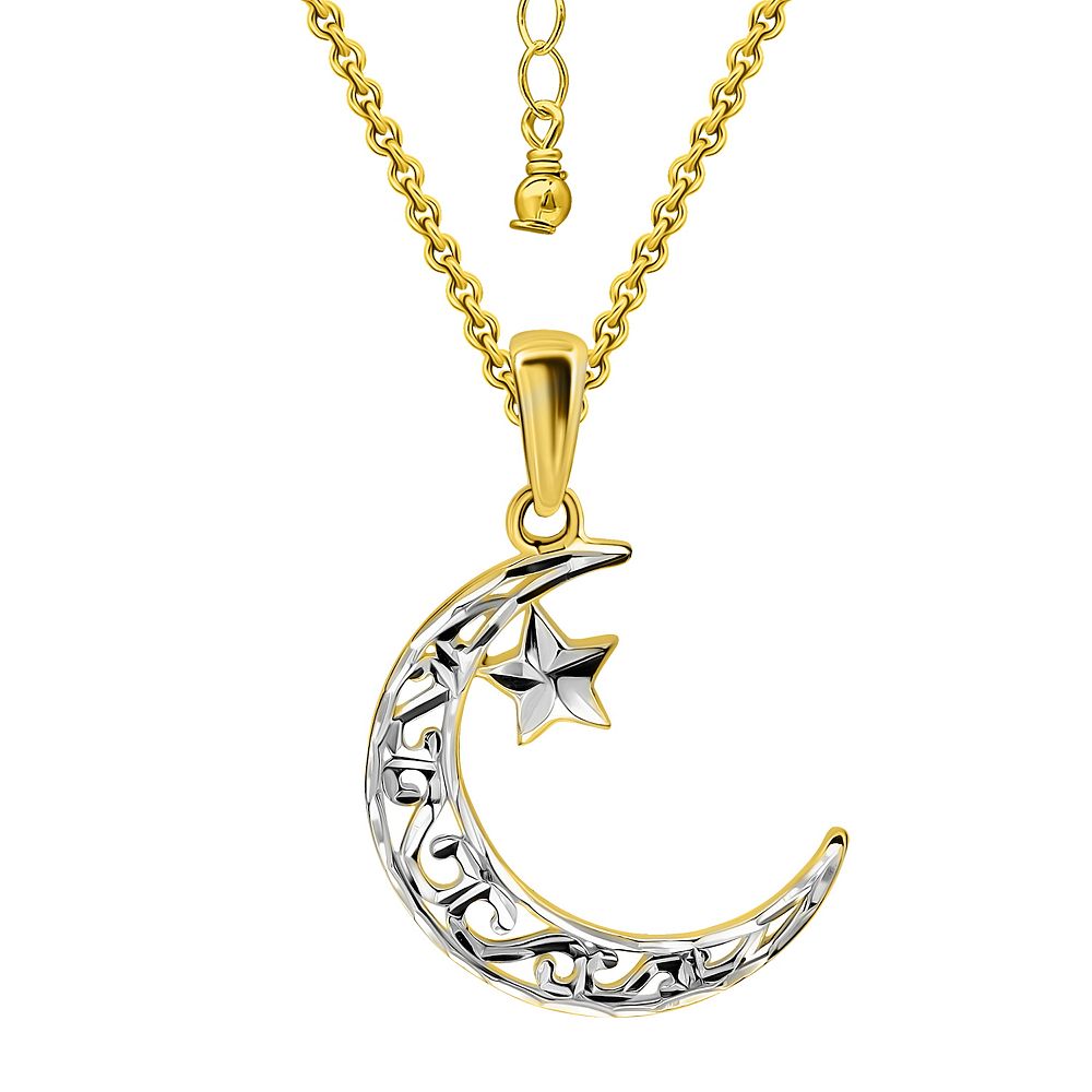 Aleure Precioso 18k Filagree Diamond Cut Cresent Moon & Star Pendant ...