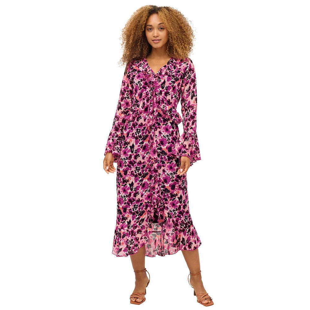 ellos Women's Plus Size Sheer Ruffle Trim Empire Midi Dress