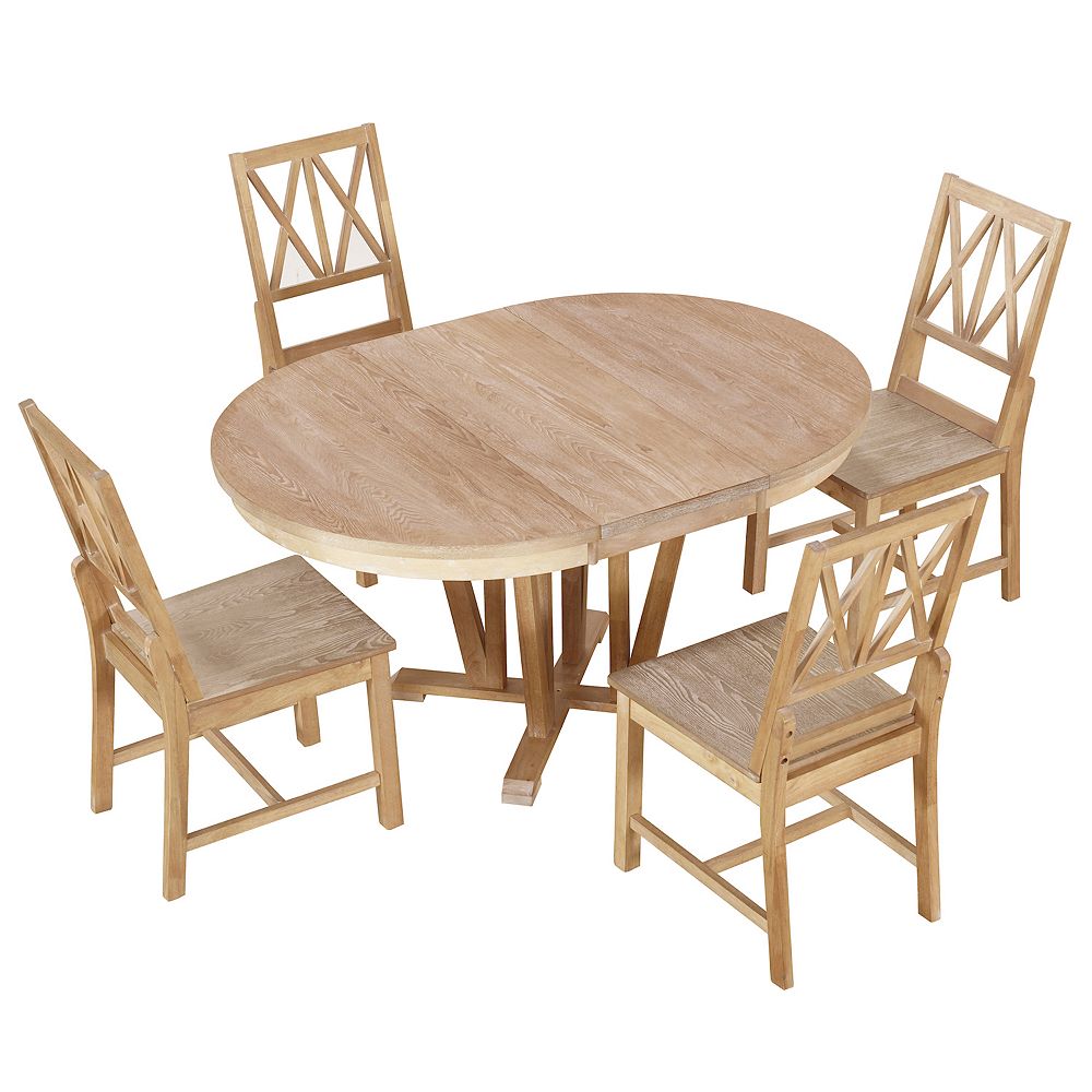 Merax Rustic 5-Piece Extendable Dining Table Set Round Trestle Table ...