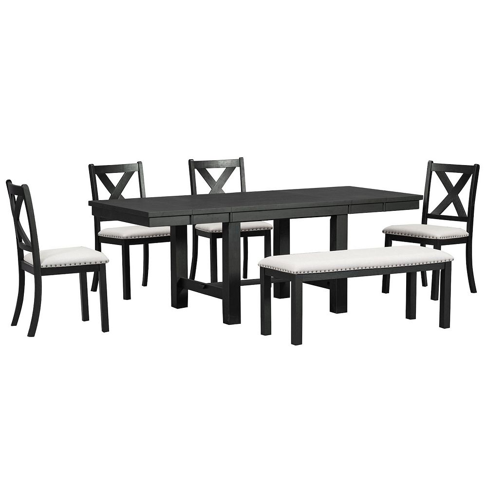 Merax Farmhouse 6-Piece Extendable Dining Table with Footrest, 4 ...
