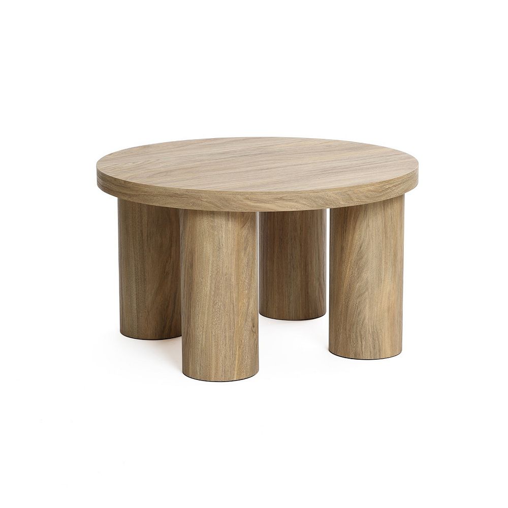 LuxenHome Oak Finish Manufactured Wood Round Coffee Table with 4 Pillar ...