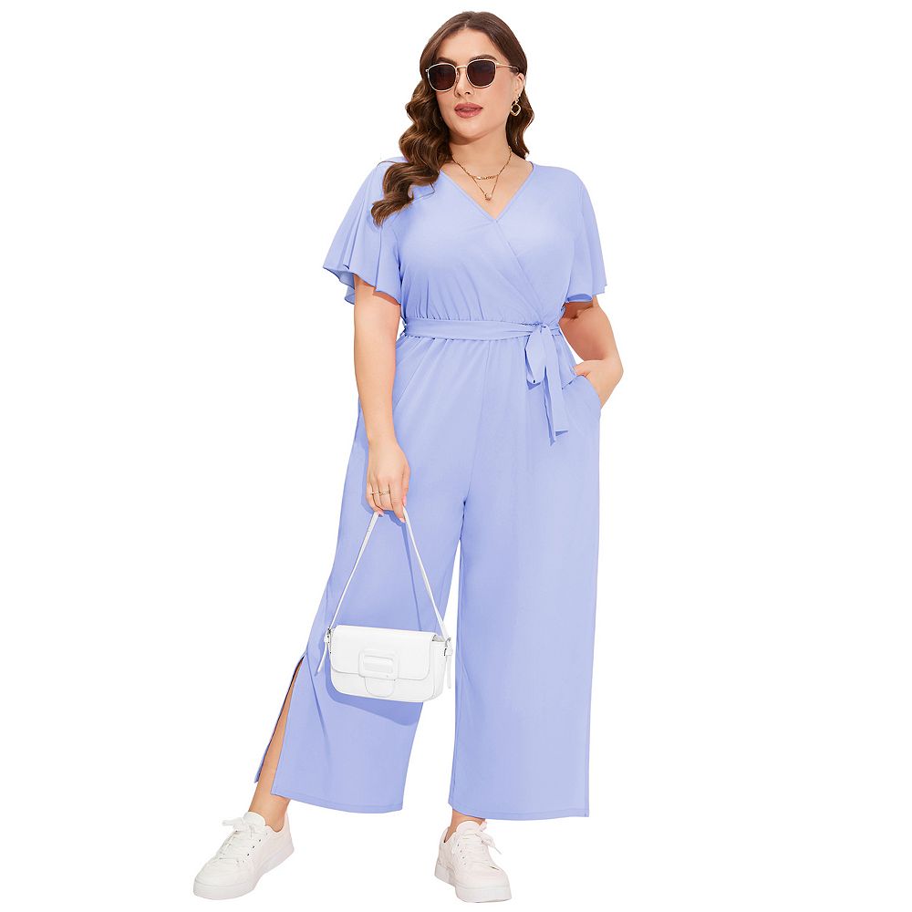 Women's Plus Size V Neck Ruffle Sleeve Belted Wide Leg Pants Summer Casual Long Jumpsuit Rompers