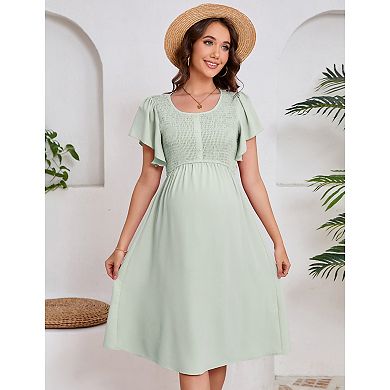 Women's Maternity Smocked Dress Summer Short Sleeve Square Neck Casual Flowy Midi Dress