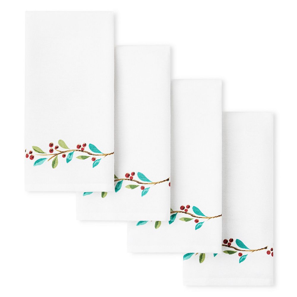 Fiesta Holly Sprig Holiday Border Machine Washable Cloth Napkin 4-Pack
