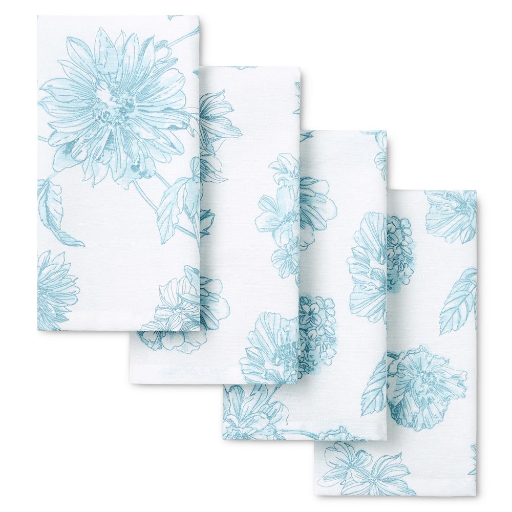 Fiesta Botanical Floral White & Blue Machine Washable Cloth Napkin 4-Pack