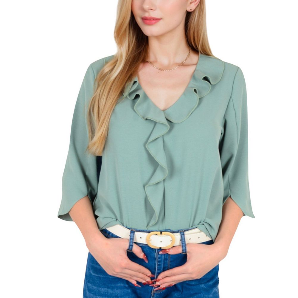 Women's Ruffle Front Blouse with 3/4 Split Sleeves
