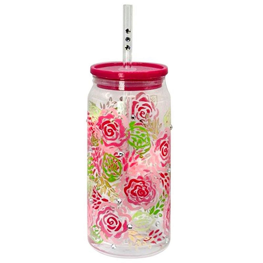 Pink Floral Art 20 oz. Embellished Sipper Glass