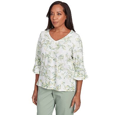 Women's Alfred Dunner Embroidered Floral Vines Cotton Top with Bell Sleeves