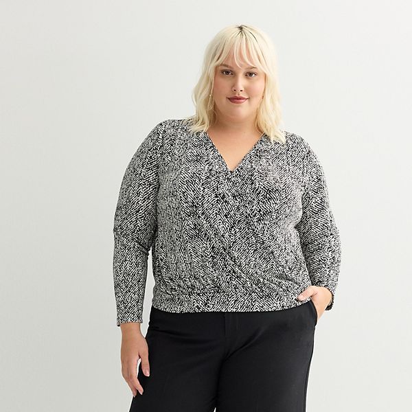 Plus Size Nine West Long Sleeve Drape Wrap Top