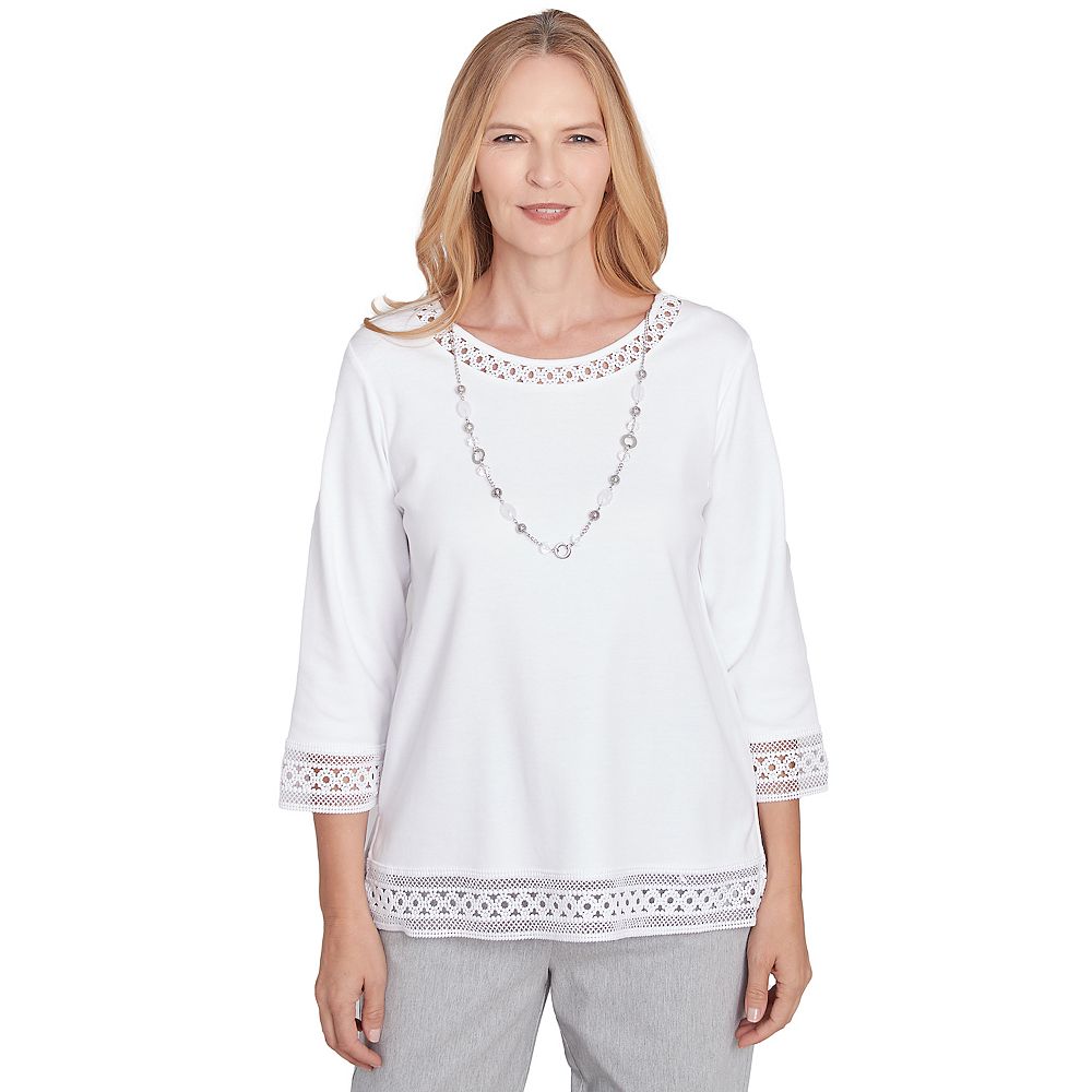 Women's Alfred Dunner Solid Lace Trim Top with Necklace