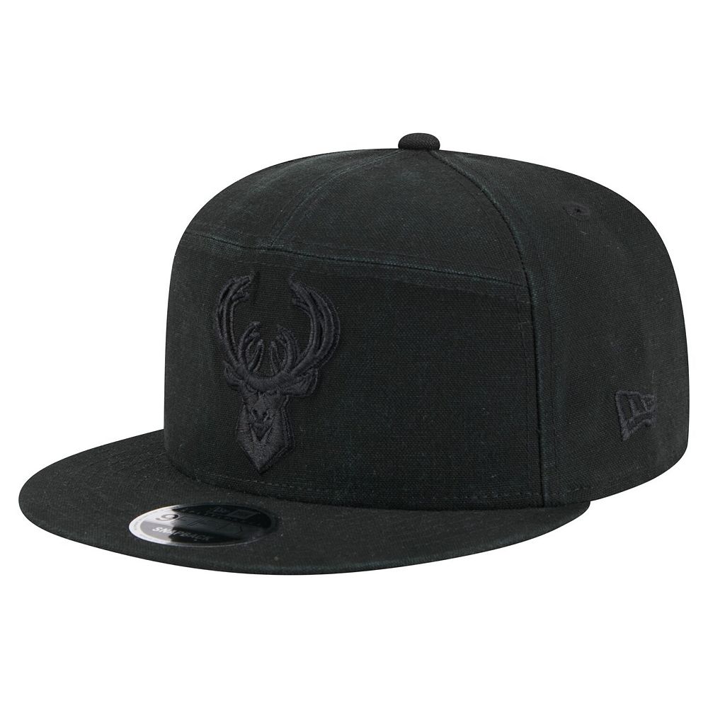 Men's New Era Black Milwaukee Bucks Adventure Canvas Split Panel 9FIFTY Snapback Hat