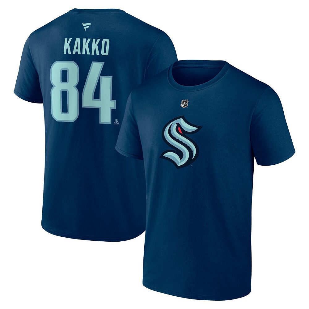 Men's Fanatics Kaapo Kakko Deep Sea Blue Seattle Kraken Authentic Stack Name & Number T-Shirt