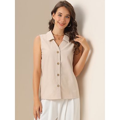Sleeveless Blouses for Women's Work Button Down Collared Linen Tops
