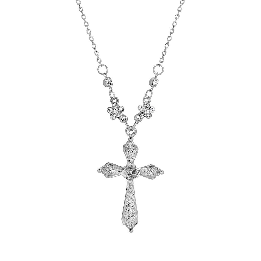 1928 Silver Tone Cross Clear Crystal Necklace