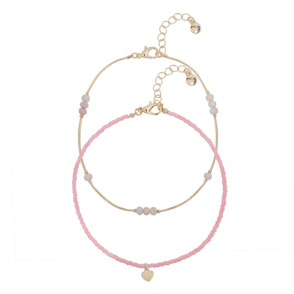 LC Lauren Conrad Gold Tone Heart Charm Beaded Anklet Set