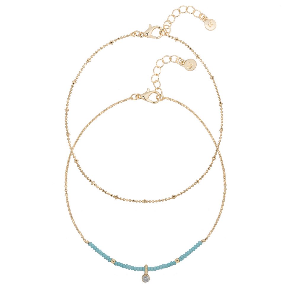 LC Lauren Conrad Gold Tone Delicate Beaded Anklet Set