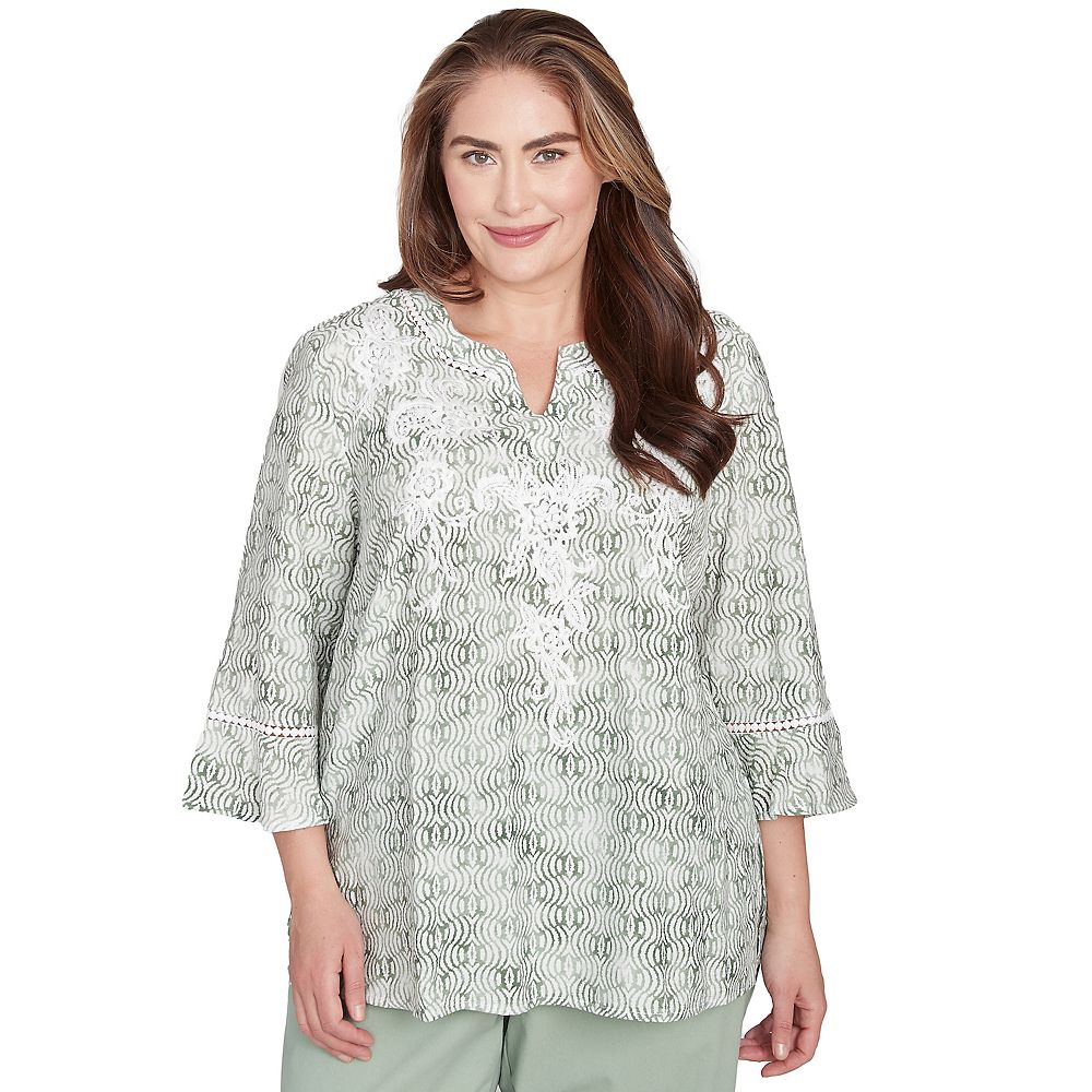 Plus Size Alfred Dunner Embroidered Geometric Flare Sleeve Top