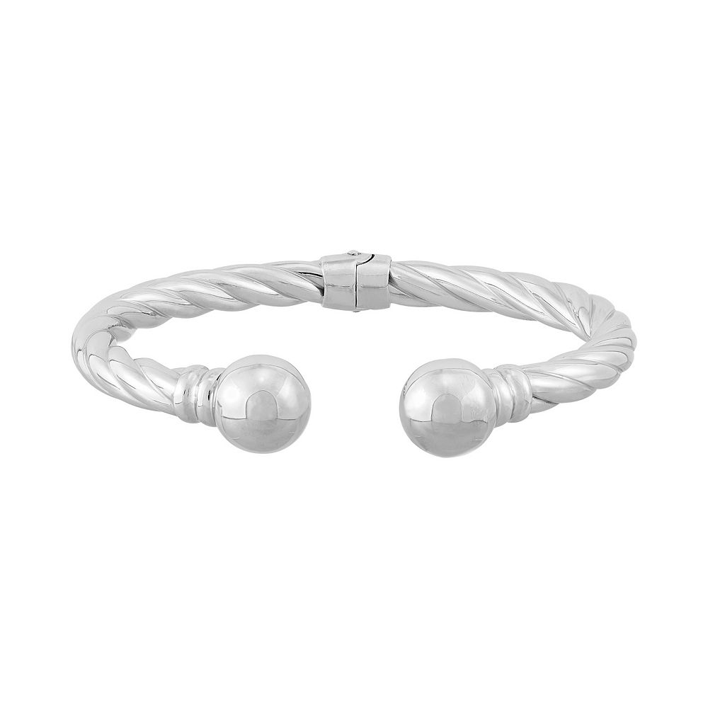 Sterling Silver Polish Twist Cuff with Beads Bangle Bracelet