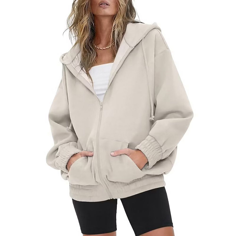 Women Casual Full Zip Up Hoodie Comfy Loose Solid Sweatshirt Long ...