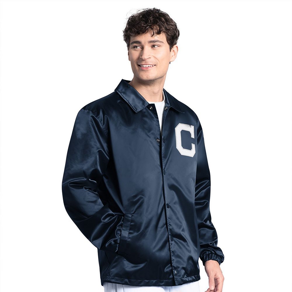 Men's Starter Navy Cleveland Guardians Cooperstown Collection Point Man Full-Snap Coaches Jacket