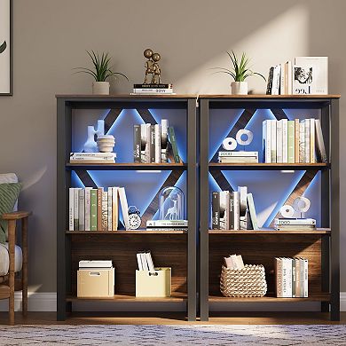 4-Tier LED Bookshelf with Open Display Shelves, Wood and Metal Bookcase ...