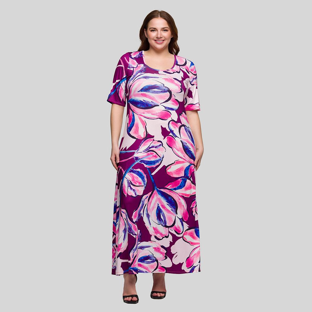 Plus Size 24Seven Comfort Apparel Floral Print Elbow Sleeve A-Line Maxi ...