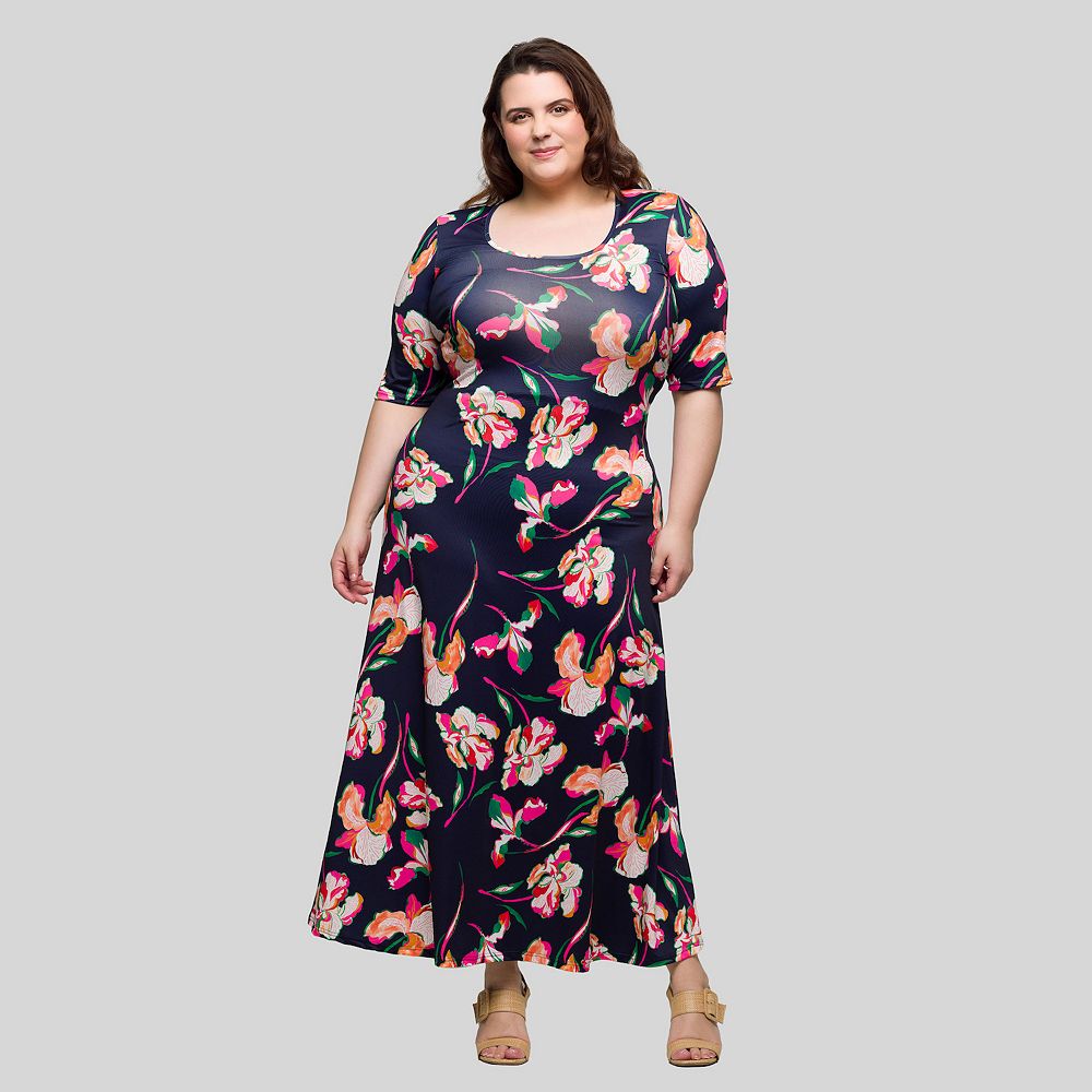 Plus Size 24Seven Comfort Apparel Floral Print Elbow Sleeve A-Line Maxi ...