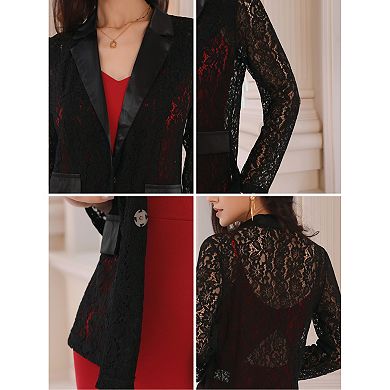 Women's Floral Lace Blazer Mesh Lapel Collar One Button Dressy Casual ...