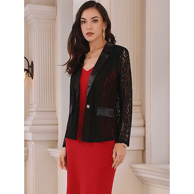 Women's Floral Lace Blazer Mesh Lapel Collar One Button Dressy Casual ...