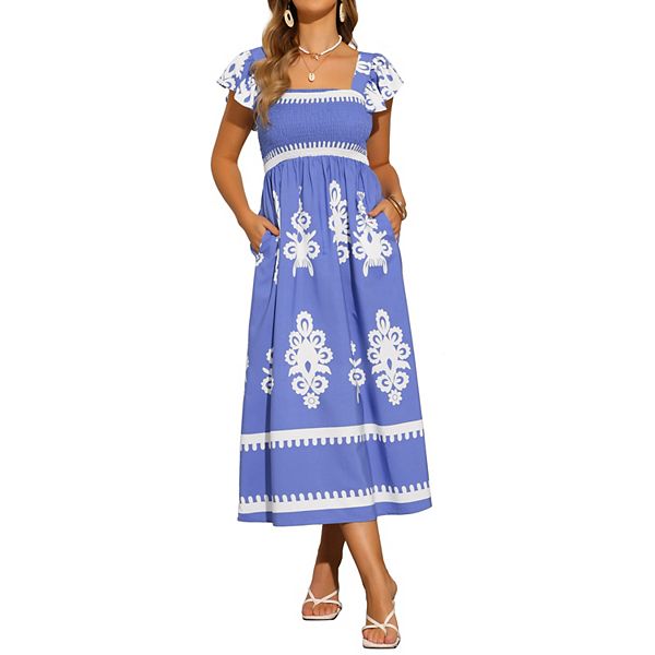 Women's Square Neck Flutter Sleeve Smocked Dress Flowy Maxi Boho Sundress