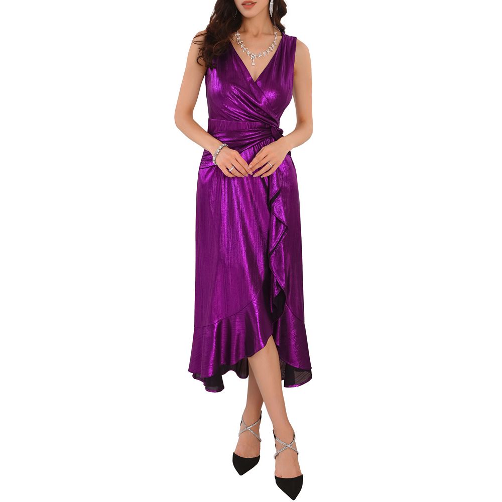 Women's Glitter Metallic Dresses Ruffled Wrap Tie Waist Cocktail Party ...