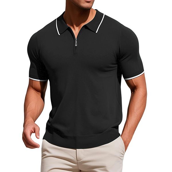 Men's Formal Polo Solid Color Short Sleeved Zipper Slim Fit Classic ...