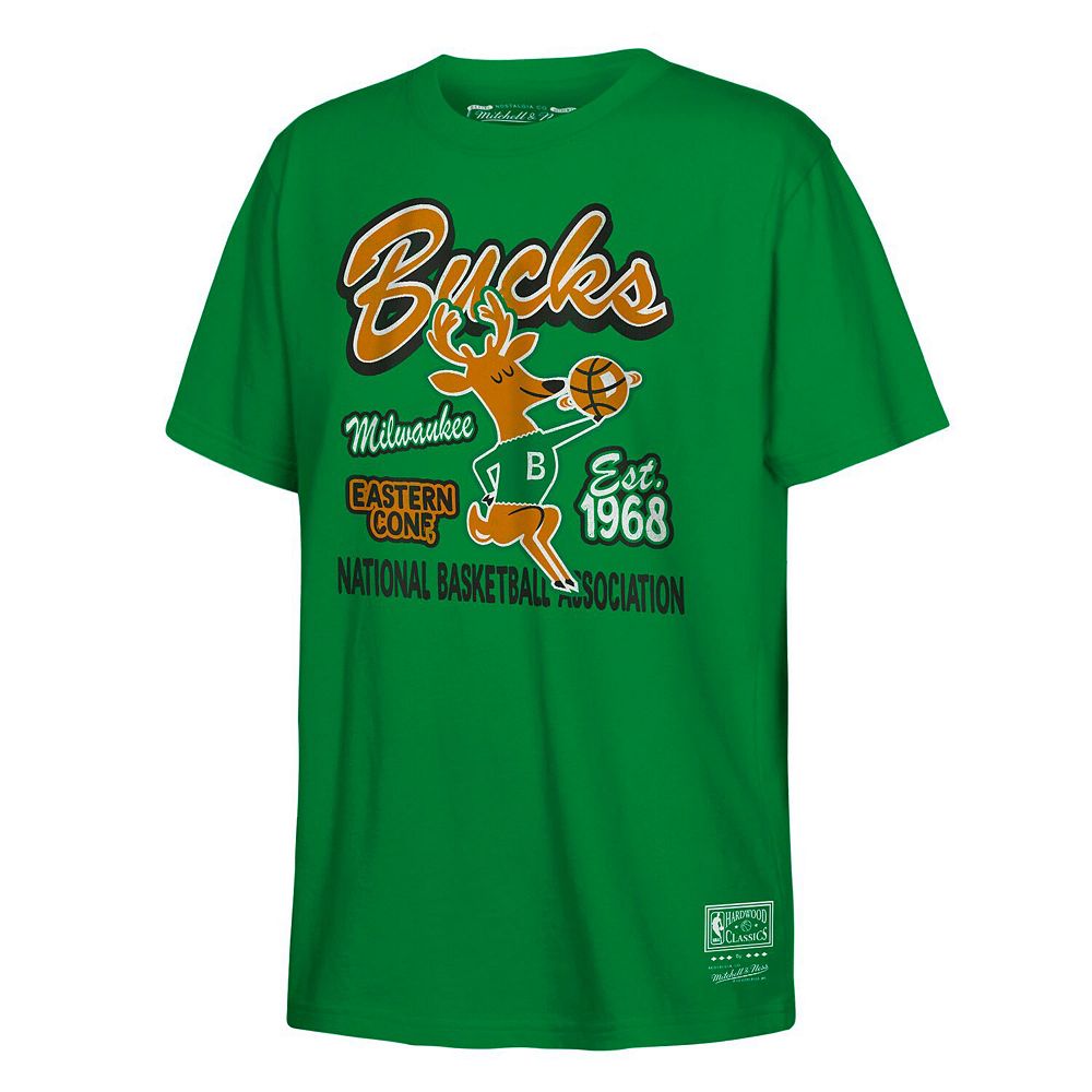 Youth Mitchell & Ness Kelly Green Milwaukee Bucks Retro Mascot Script T ...