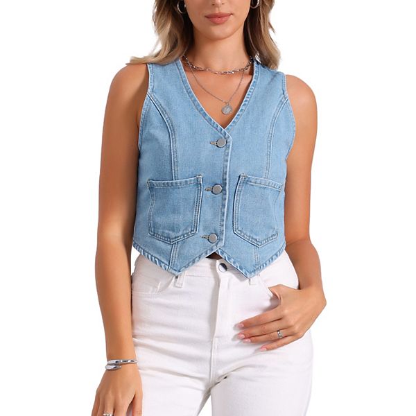 Women's Denim Vest V Neck Sleeveless Button Down Jean Waistcoat Summer Crop Top