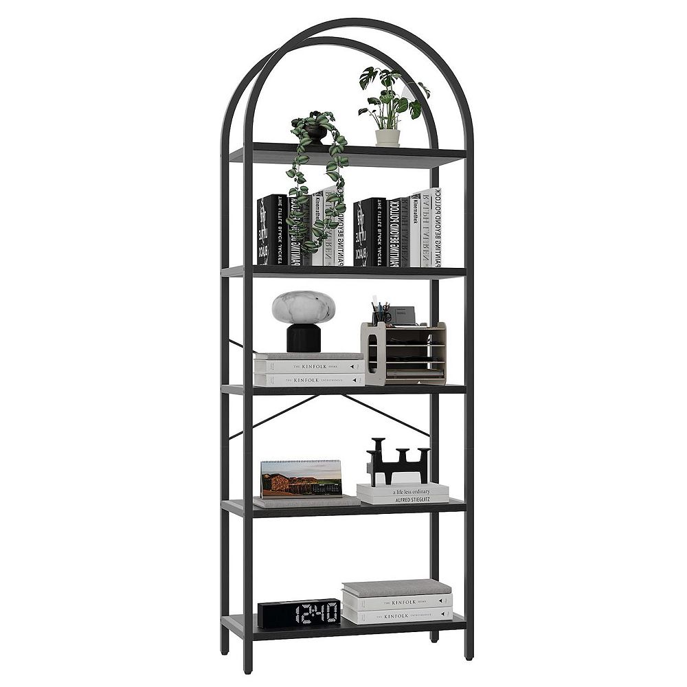 5-Tier Arched Bookshelf Tall Metal Frame Open Storage Rack Large Black ...