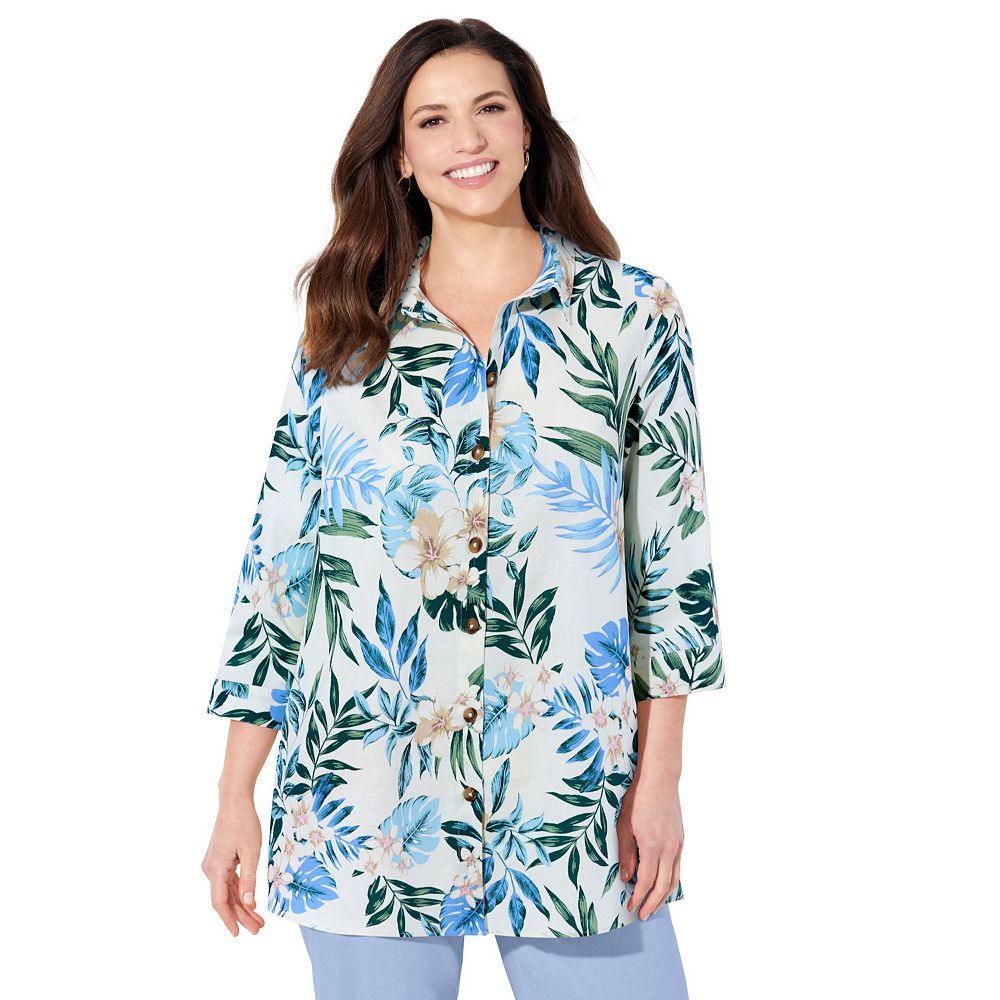 Catherines Women's Plus Size Petite Classic Linen Buttonfront Shirt