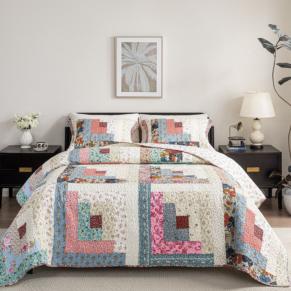 100% Cotton Wedding Ring Patchwork & Embroidered Quilt Set Soft ...