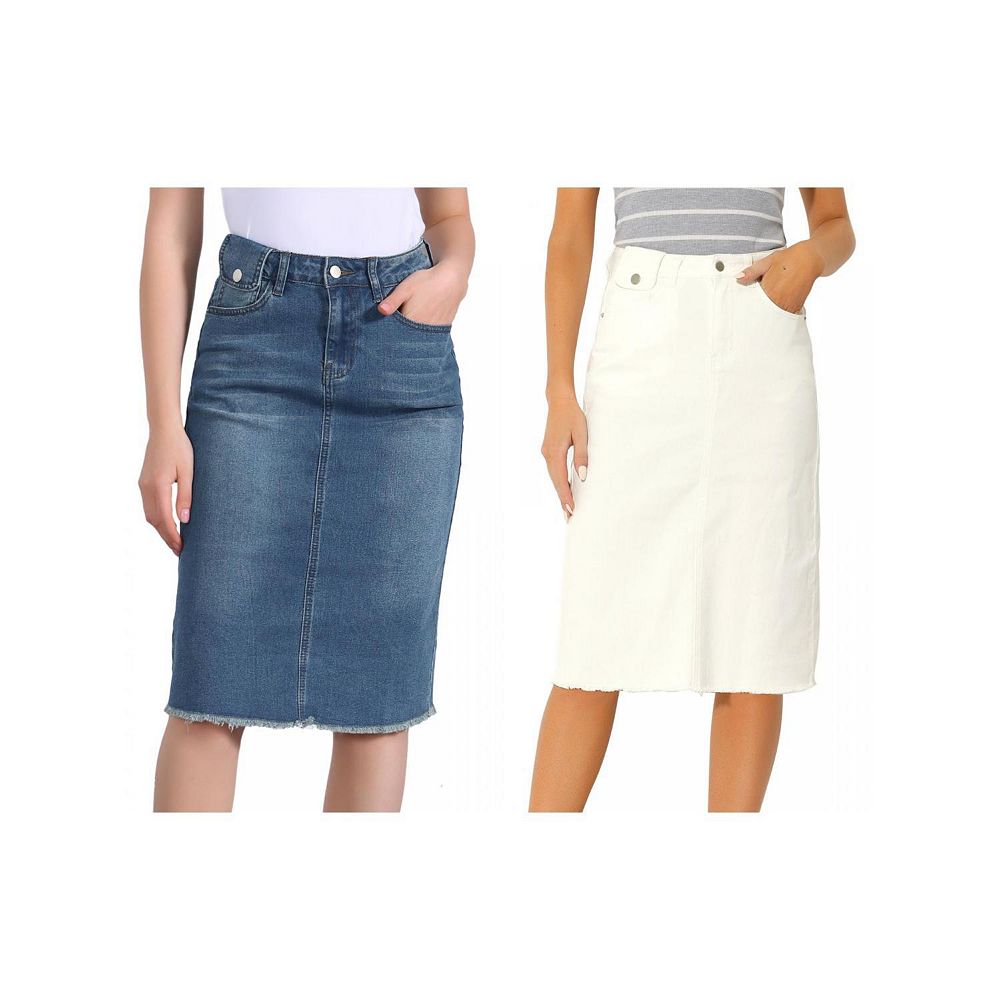2 Packs Women's High Waist Solid Jean Skirt Back Vent Midi Length Denim ...