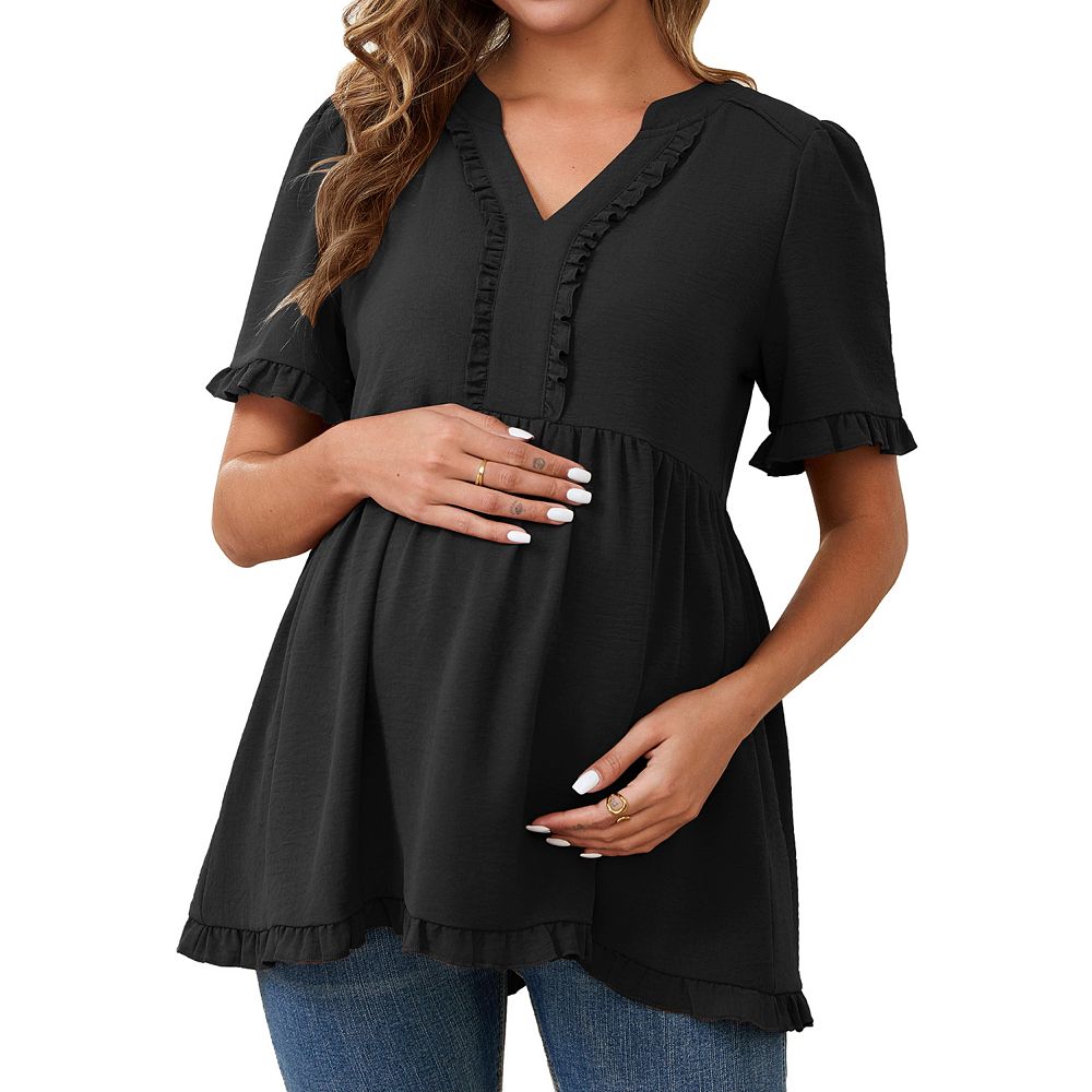 Women's Maternity Tops Boho Ruffled V Neck Short Sleeve Shirts Flowy ...