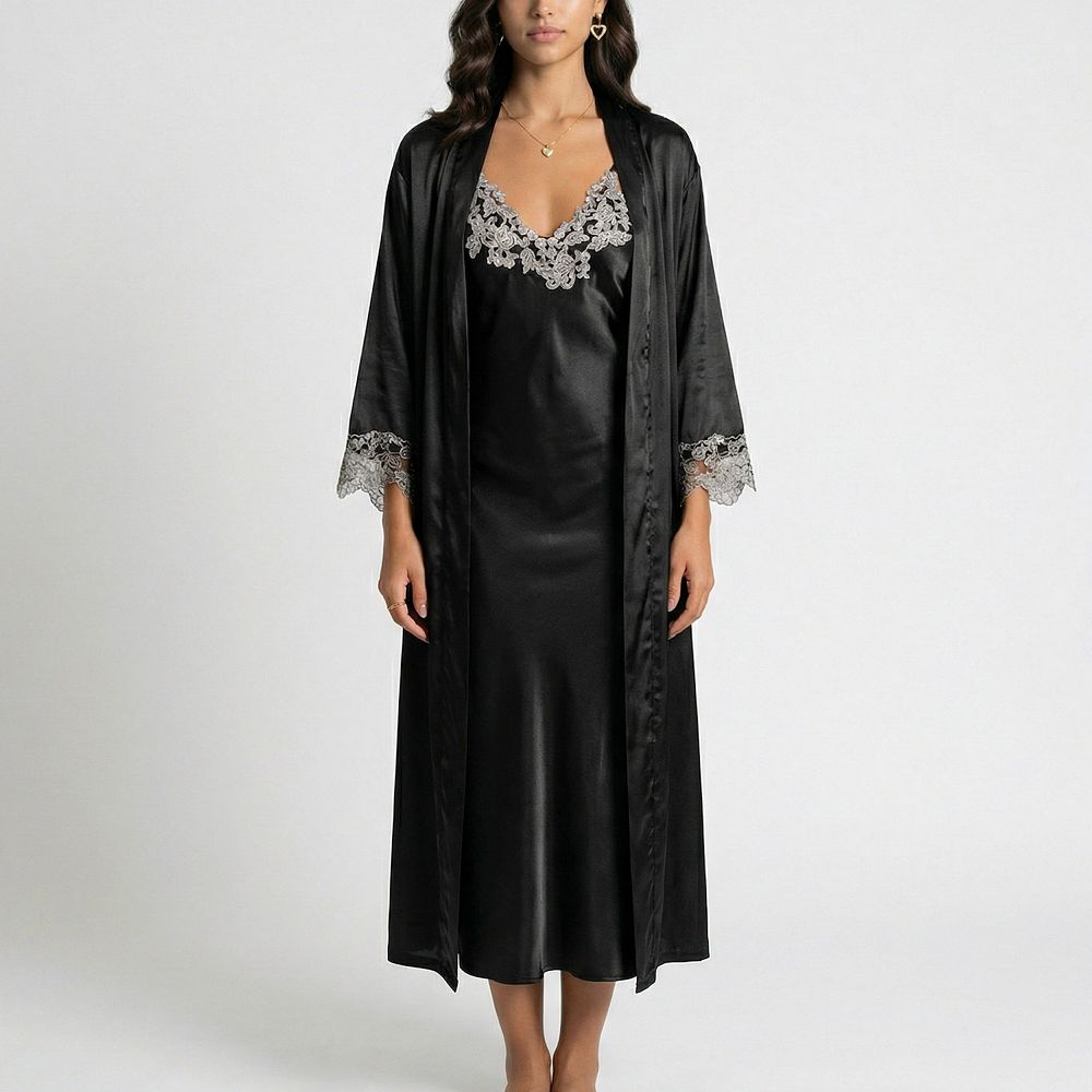 Women's Satin Long Robe and Lace Trim Nightgown Set