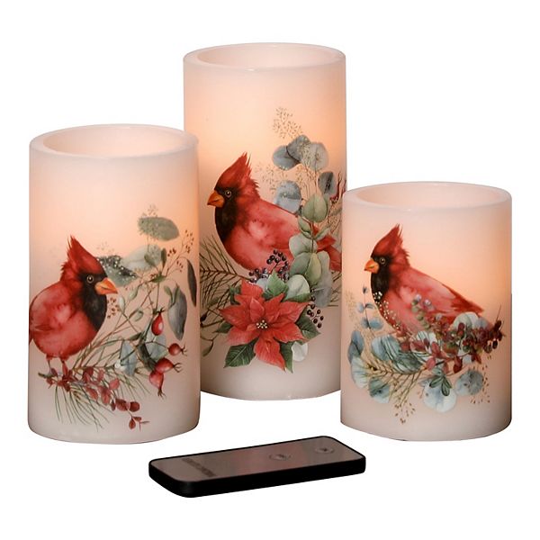 Fitz & Floyd Set of 3 Christmas Cardinal LED Wax Pillar Candles