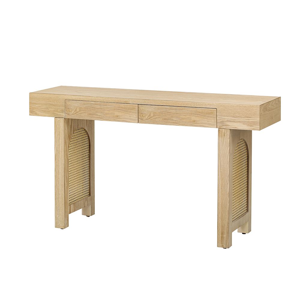 Merax Narrow Console Table with Rattan Accent, Natural Wood Finish ...