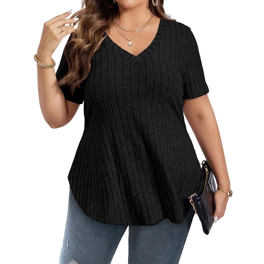 Women's Plus Size Casual Tops V Neck Solid Color Shirts Lightweight ...