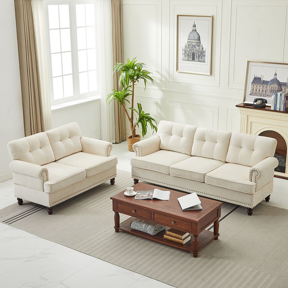 2 pc Chenille Retro Sofa Set, Include a 3-Seater Sofa and Loveseat