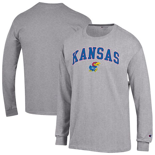 Men's Champion® Heather Gray Kansas Jayhawks Arch Over Logo Long Sleeve ...