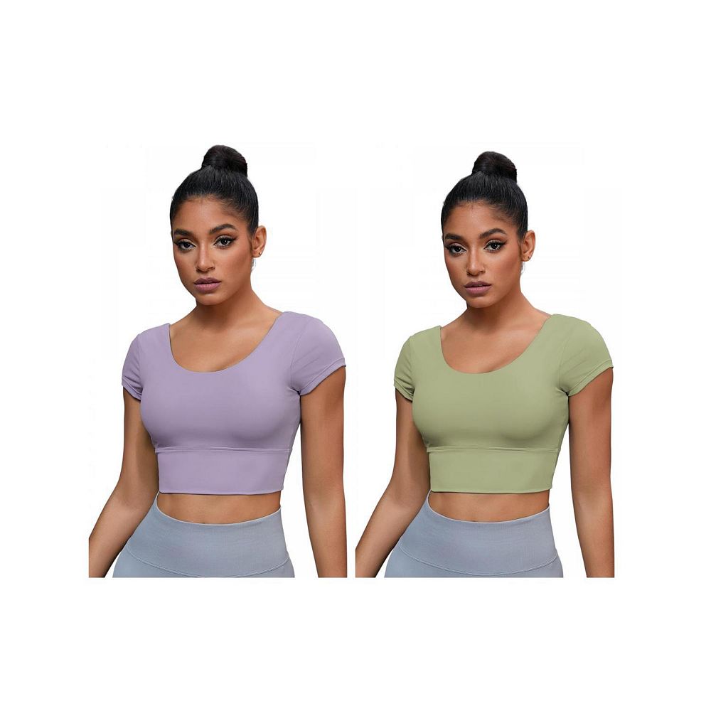 2 Packs Women's U Neck Short Sleeve Crop Tops Deep V Back Workout t ...