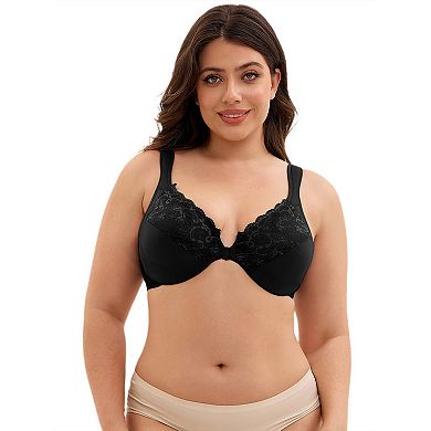 3 Packs Women's Front Closure Lace Trim Underwire Plunge Bras Plus Size Adjustable Straps Lingeries