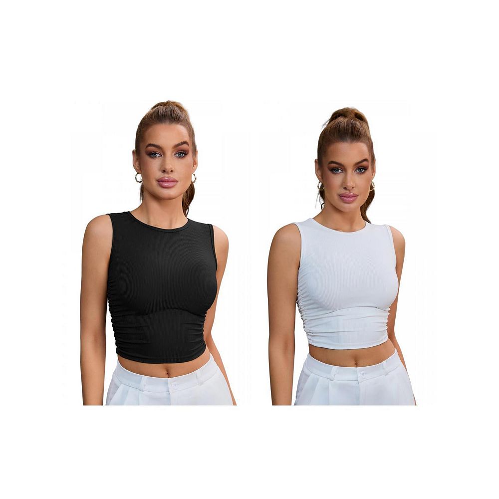 2 Packs Women's Sleeveless Ribbed Tank Top Waist-Cinched Workout Shirt ...