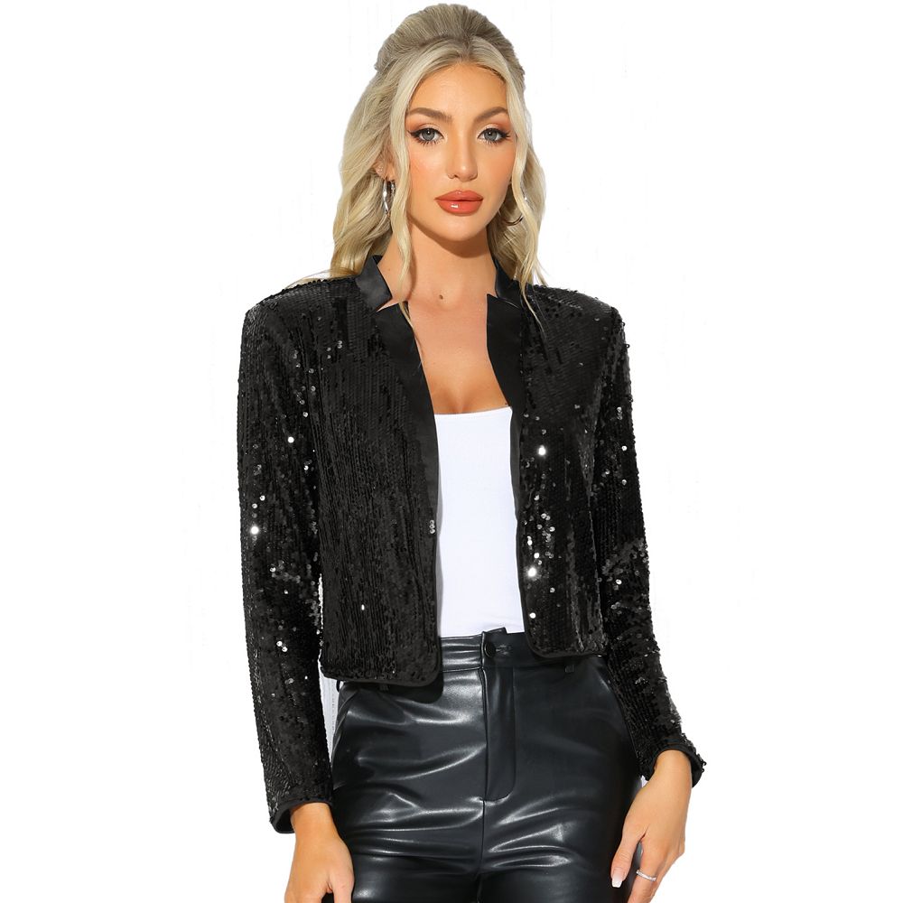 Sequin Crop Jacket for Women's Party Long Sleeve Open Front Sparkle ...